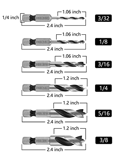 SeonFook 6PCS Stubby Drill Bit Set 1/4-Inch Quick Change Hex Shank 4241 High Speed Steel Woodworking Tool Bits for Drill Set Used in Tight Spaces