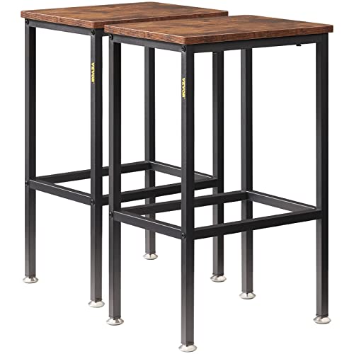 VEVOR Rustic Bar Stools, 25.6β Tall Rectangle Seat, Set of 2 Bar Chairs with Footrest Steel Frame Adjustable Feet, Wooden Industrial Kitchen Stool for Kitchen Dining Living Room, Rustic Brown