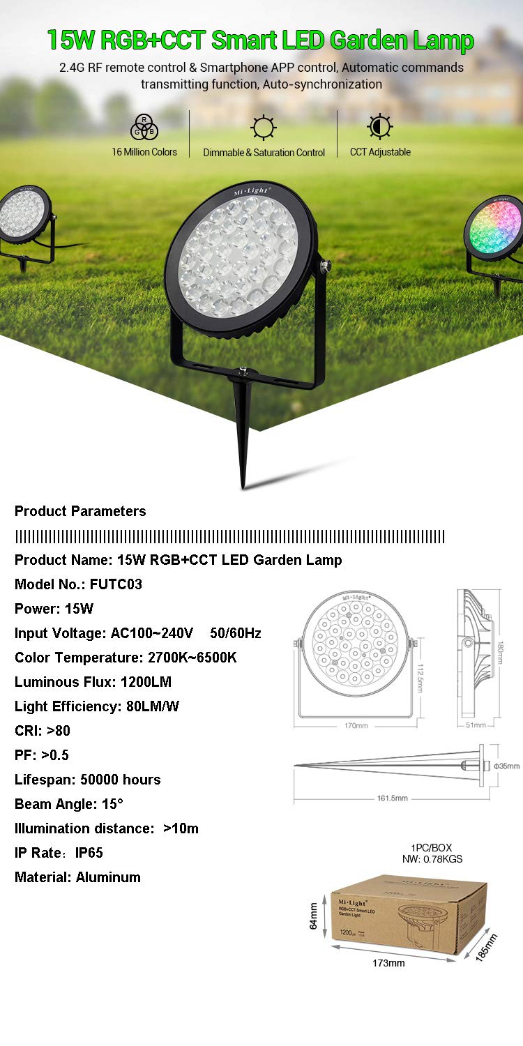 LGIDTECH FUTC03 RGB+CCT Outdoor 15W LED Landscape Garden Spotlight AC 100-240V,Color Changing,CCT Color Temperature Adjustable,Memory Function.No Plug