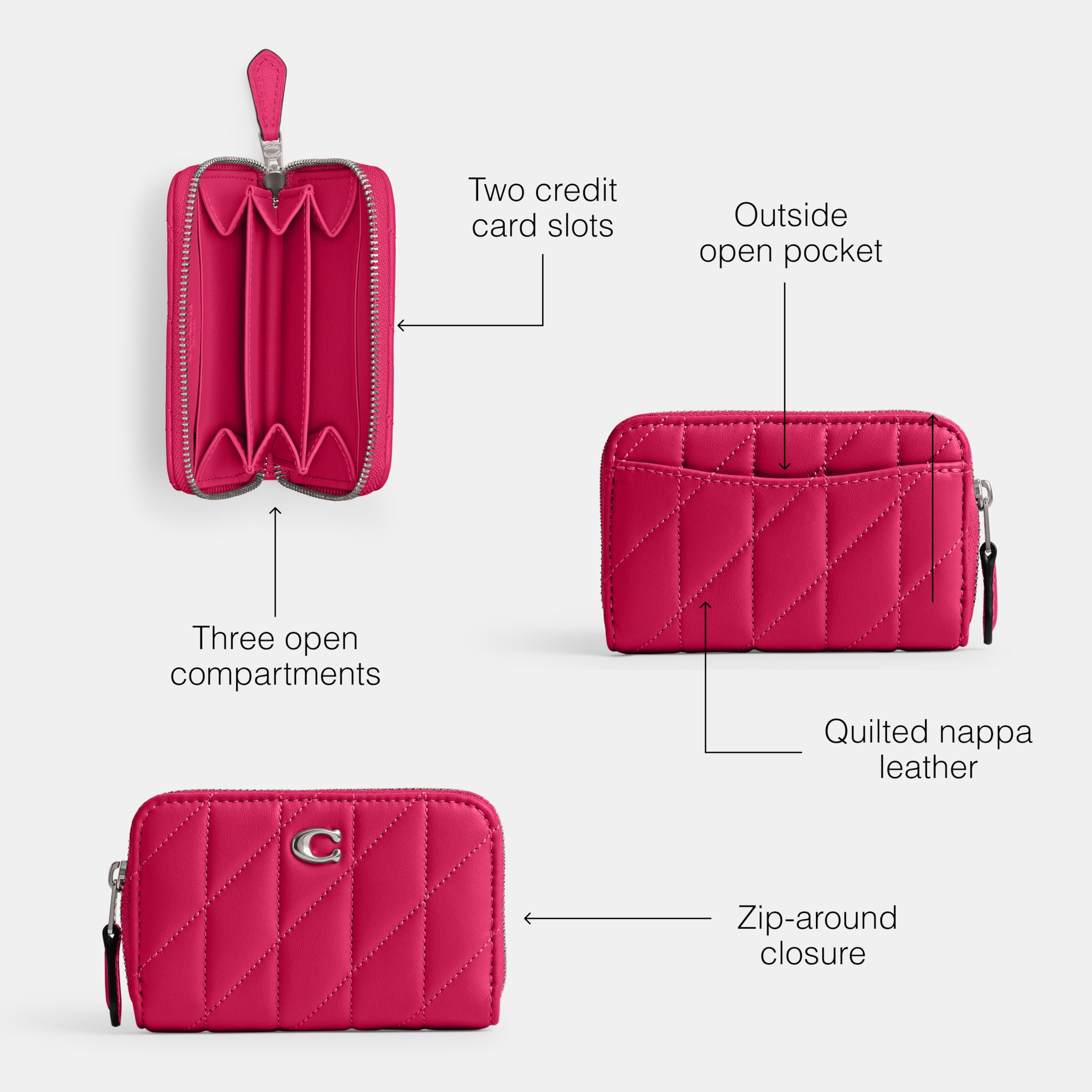 Coach Small Zip Around Card Case, Dragonfruit