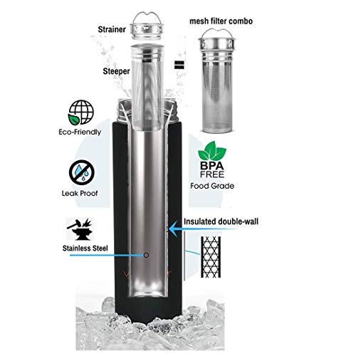 VIBRANT ALL IN ONE Travel Mug - TEA INFUSER Bottle WITH 2 PIECE EXTRA-LONG STEEPER STRAINER MESH FILTER - HOT COFFEE THERMOS - Cold FRUIT INFUSED Water LEAK PROOF Double wall Stainless Steel 16.9 oz