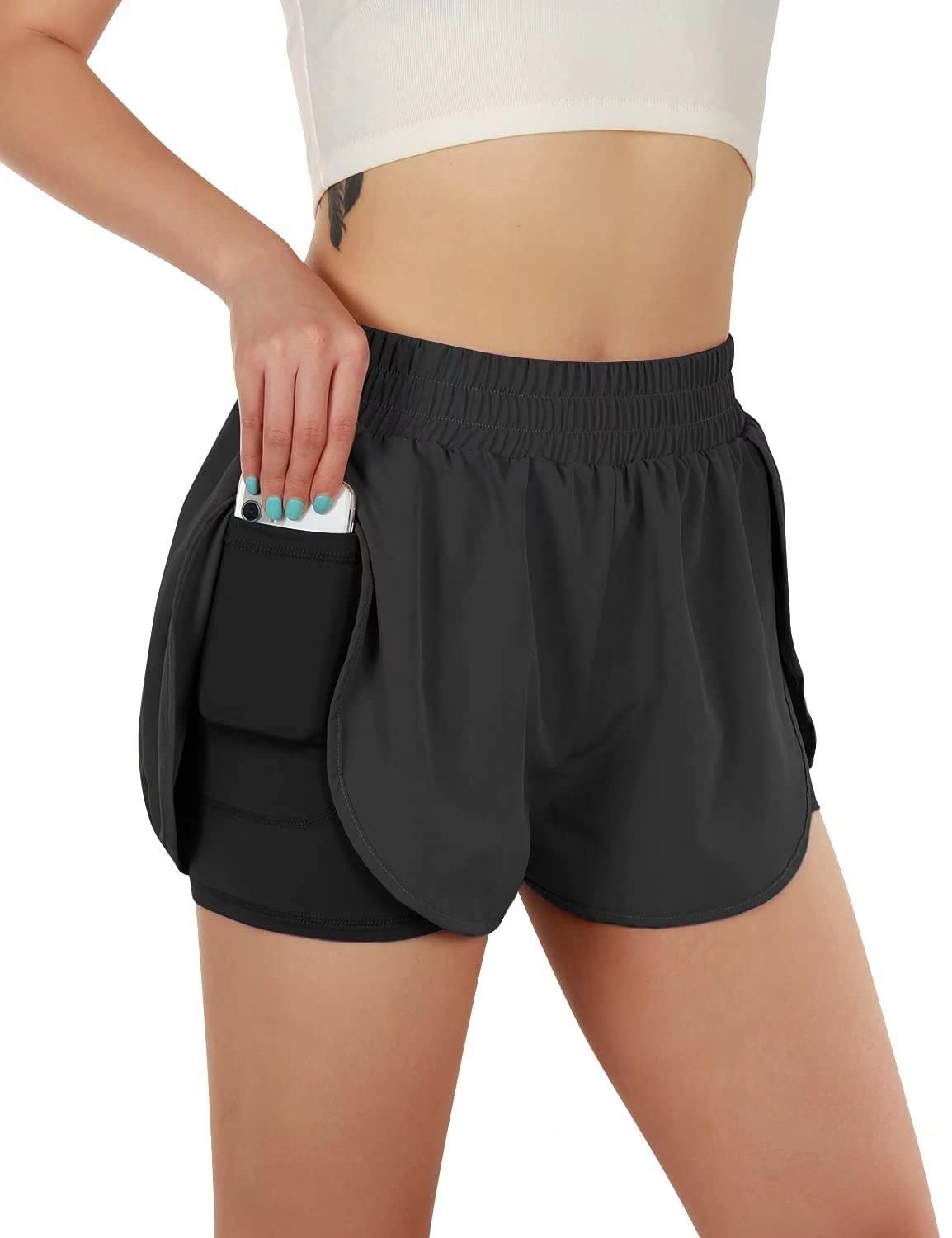 Blooming Jelly Womens 2 in I Running Shorts Sport Workout Shorts Athletic Shorts with Pockets 2023 (Small, Black)