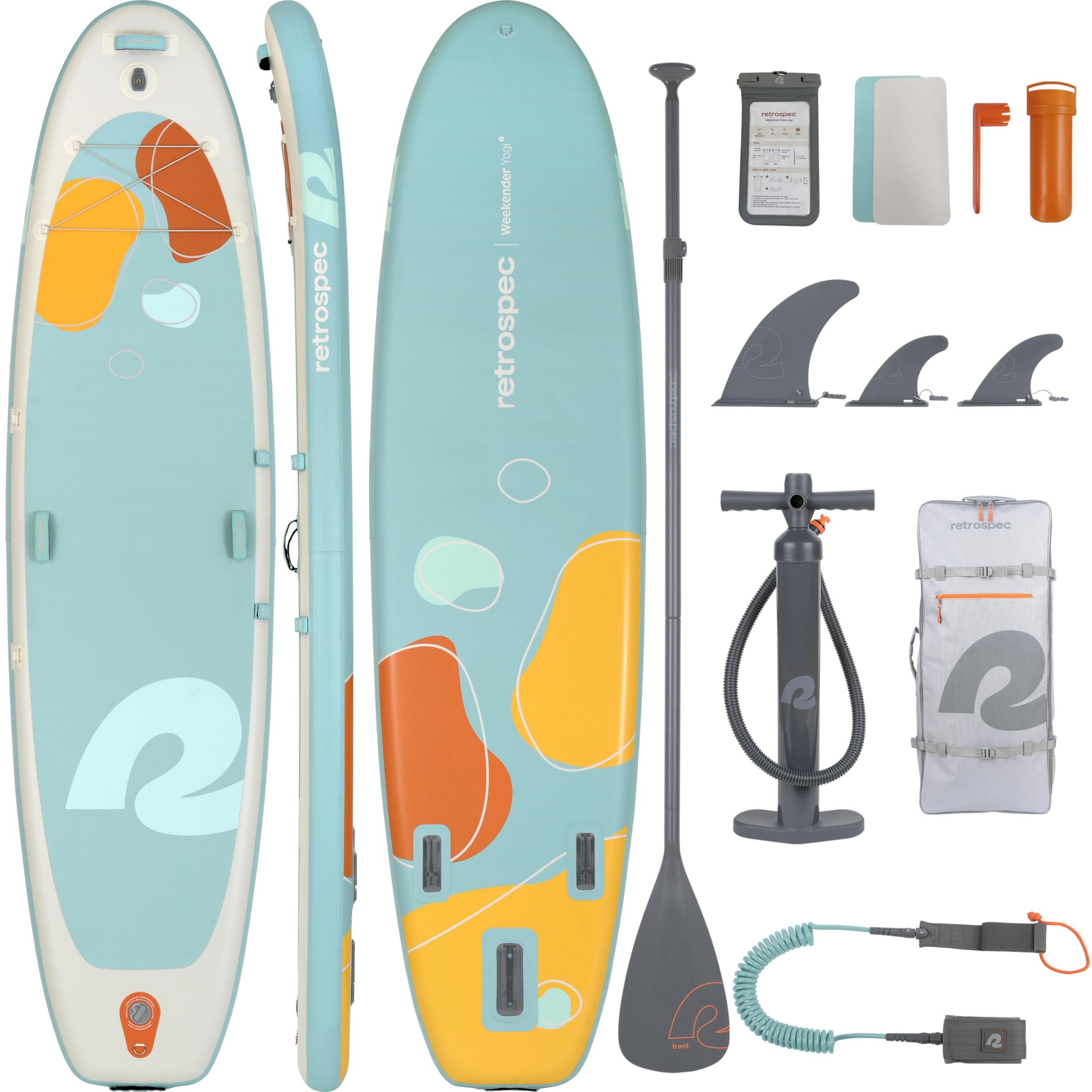 Retrospec Weekender-Yogi 10' Extra Wide Inflatable Stand Up Paddleboard iSUP Bundle w/ paddle board carrying case, aluminum paddle, removable fins, pump & phone case