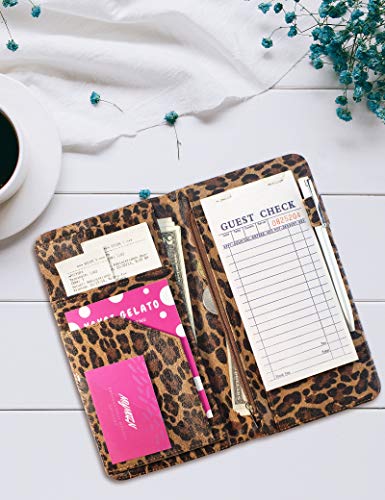 Server Book for Waitress Book with Zipper Pocket, 5x9 Leopard Magnetic Closure Server Wallet with Money Pocket and Zipper Pouch, Restaurant Waitstaff Organizer Fit Server Apron