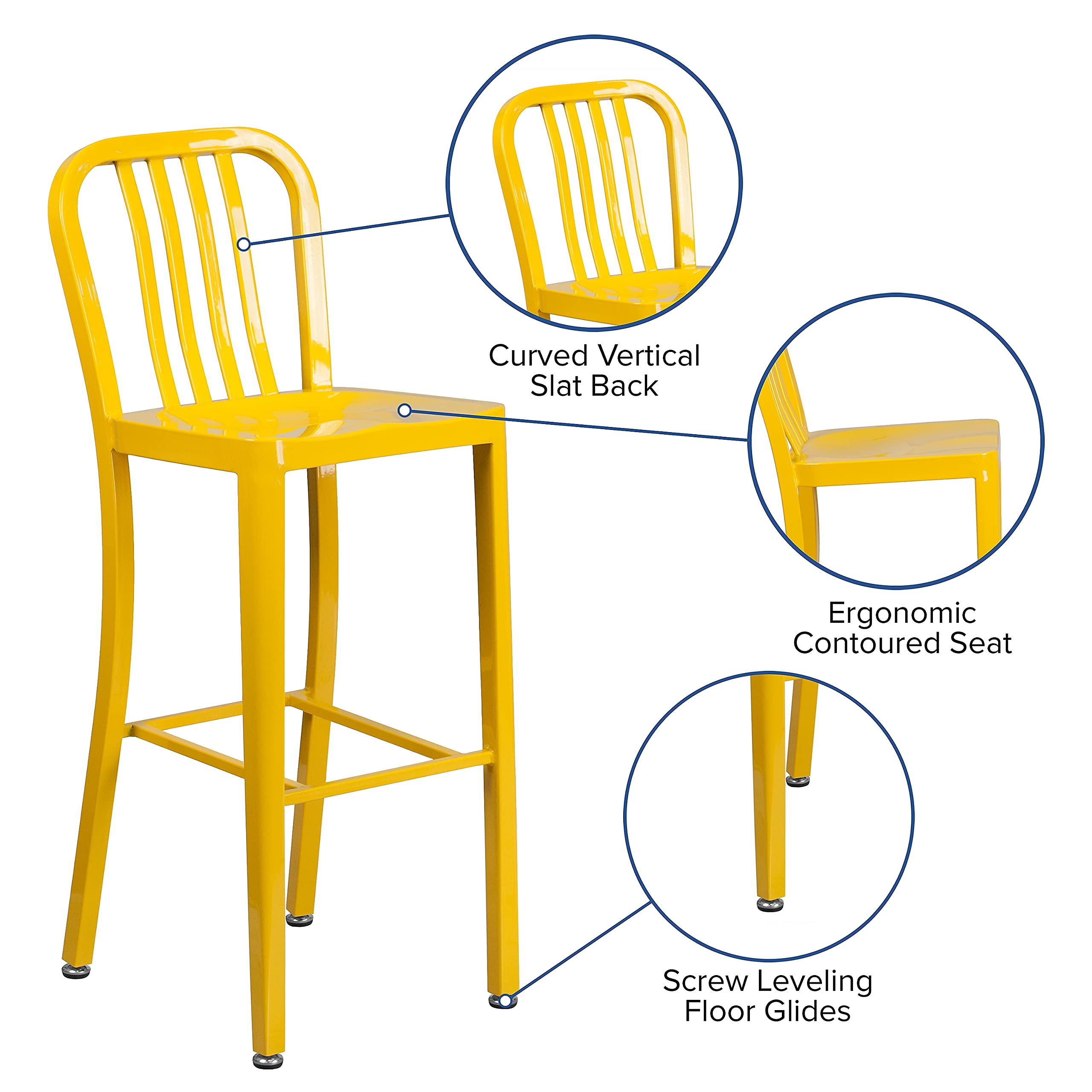 Flash Furniture Gael Commercial Grade 2 Pack 30" High Yellow Metal Indoor-Outdoor Barstool with Vertical Slat Back