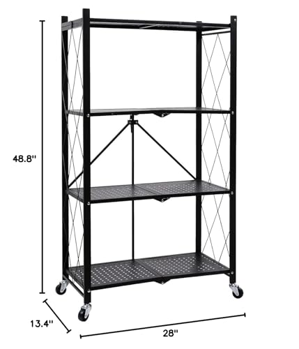 Foldable Storage Shelves on Wheels, 4 Tier Shelves for Storage, Heavy Duty Metal Shelving Units, No Assembly Storage Rack for Garage, Kitchen, Basement, Pantry, Black