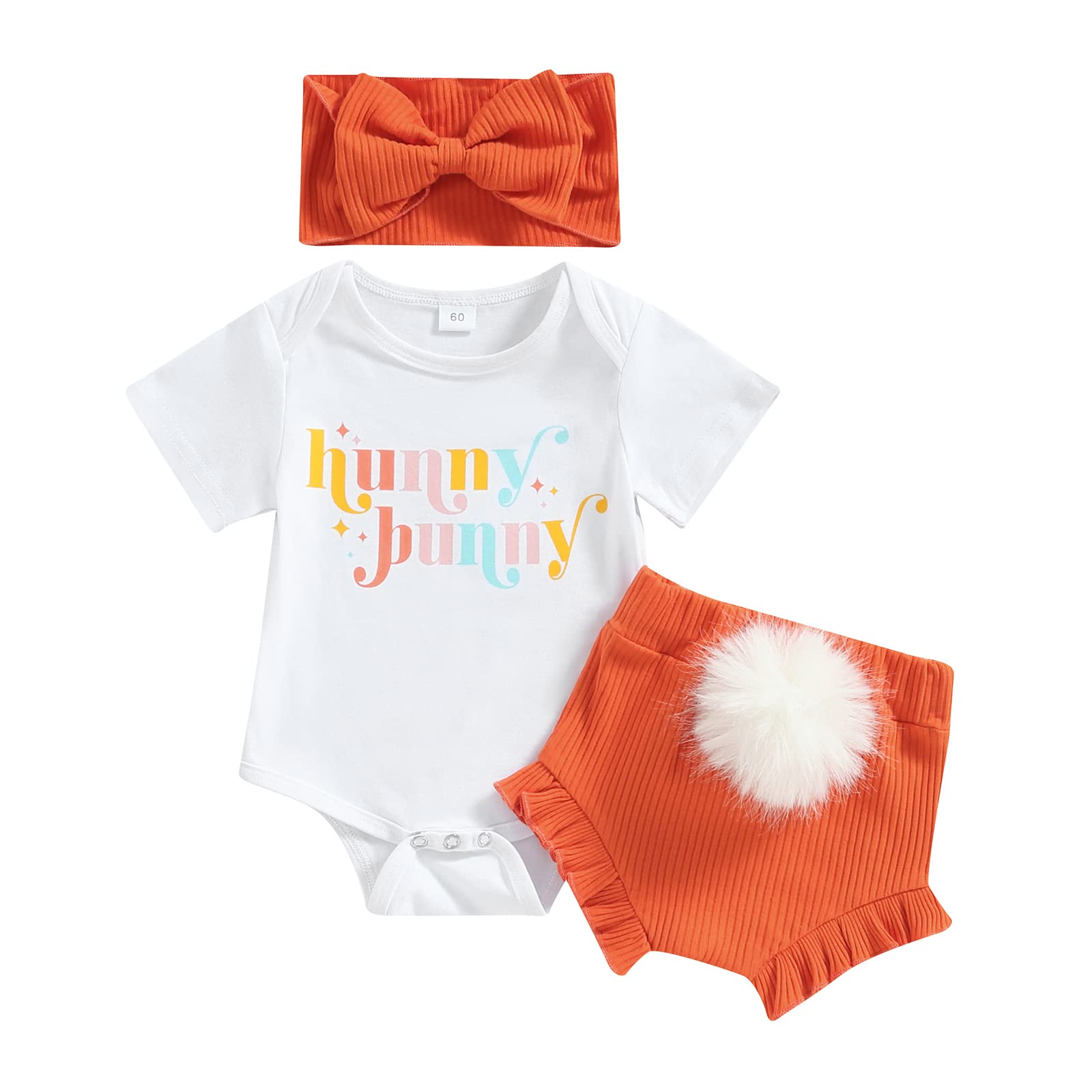 Lamuusaa 0-18M 3Pcs Newborn Baby Girl Easter Outfit Letter Print Romper Bodysuit Bunny Pompom Shorts Headband Set (Purple , 6-12 Months )