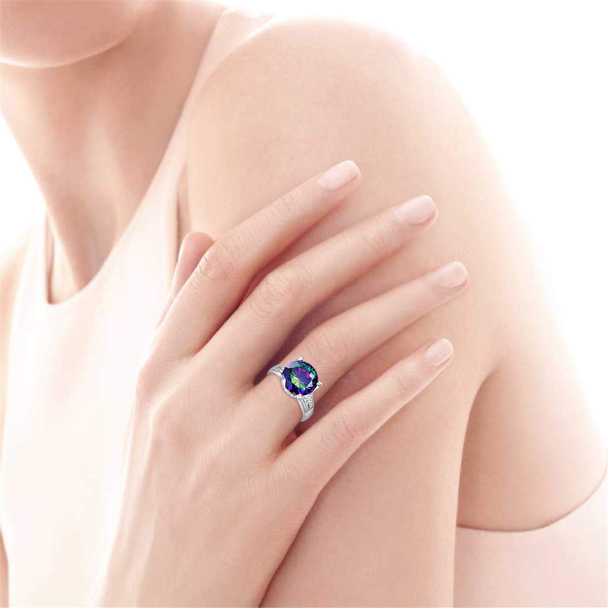BONLAVIE Promise Rings for Her 925 Sterling Silver Created Round Cut Fire Rainbow Topaz Engagement Eternity Wedding Bands for Women Size 6
