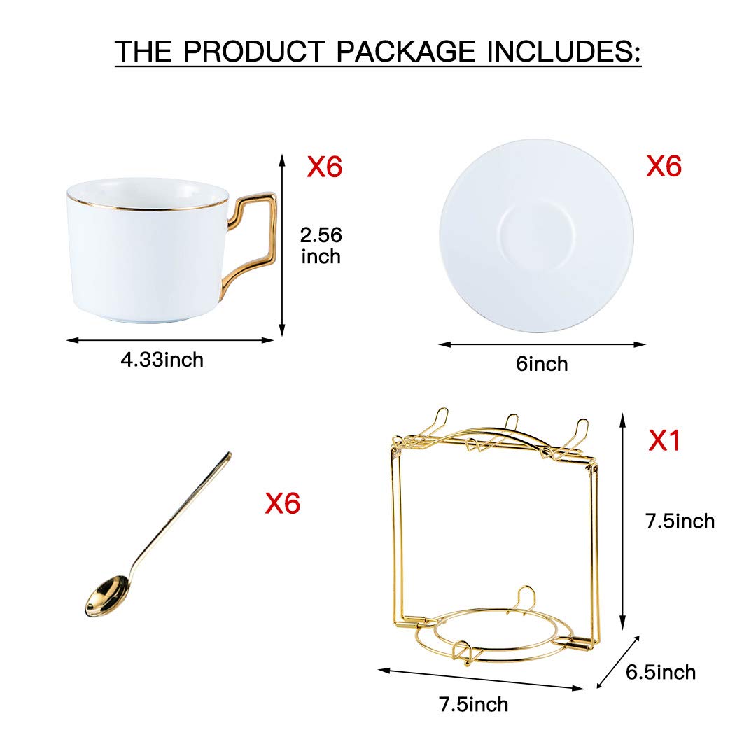 CHILDIKE Ceramic Demitasse Espresso Cups Set with Saucers and Metal Stand, 7 oz Porcelain Stackable Cappuccino Cups for Tea, Latte, Coffee, Cafe Mocha, Set of 6, Matte White