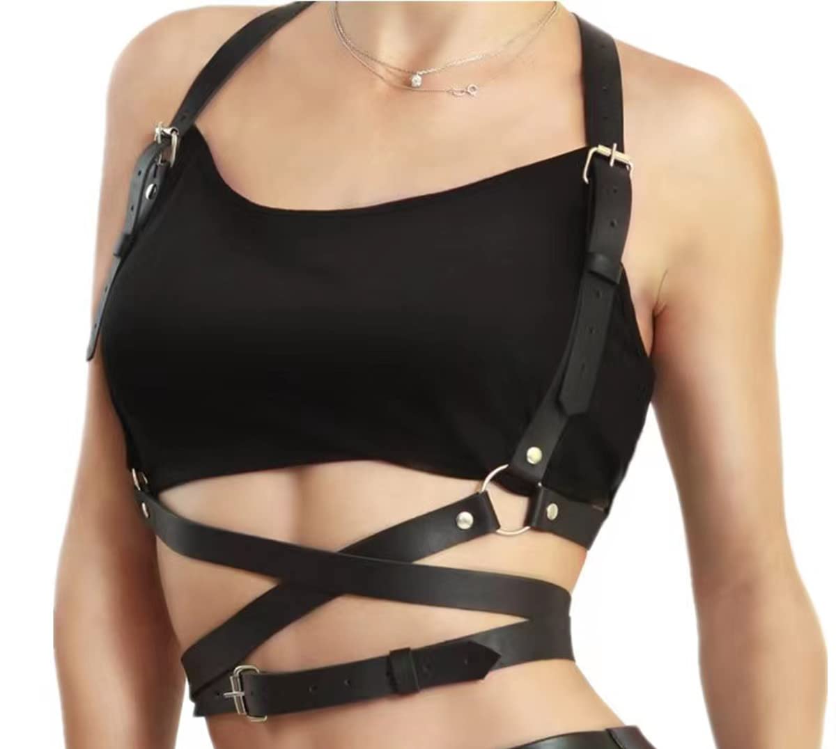 Bompro Women Punk Black Body Belt Leather Belt Body Chain Fashion Bondage Waist Strap (Black)