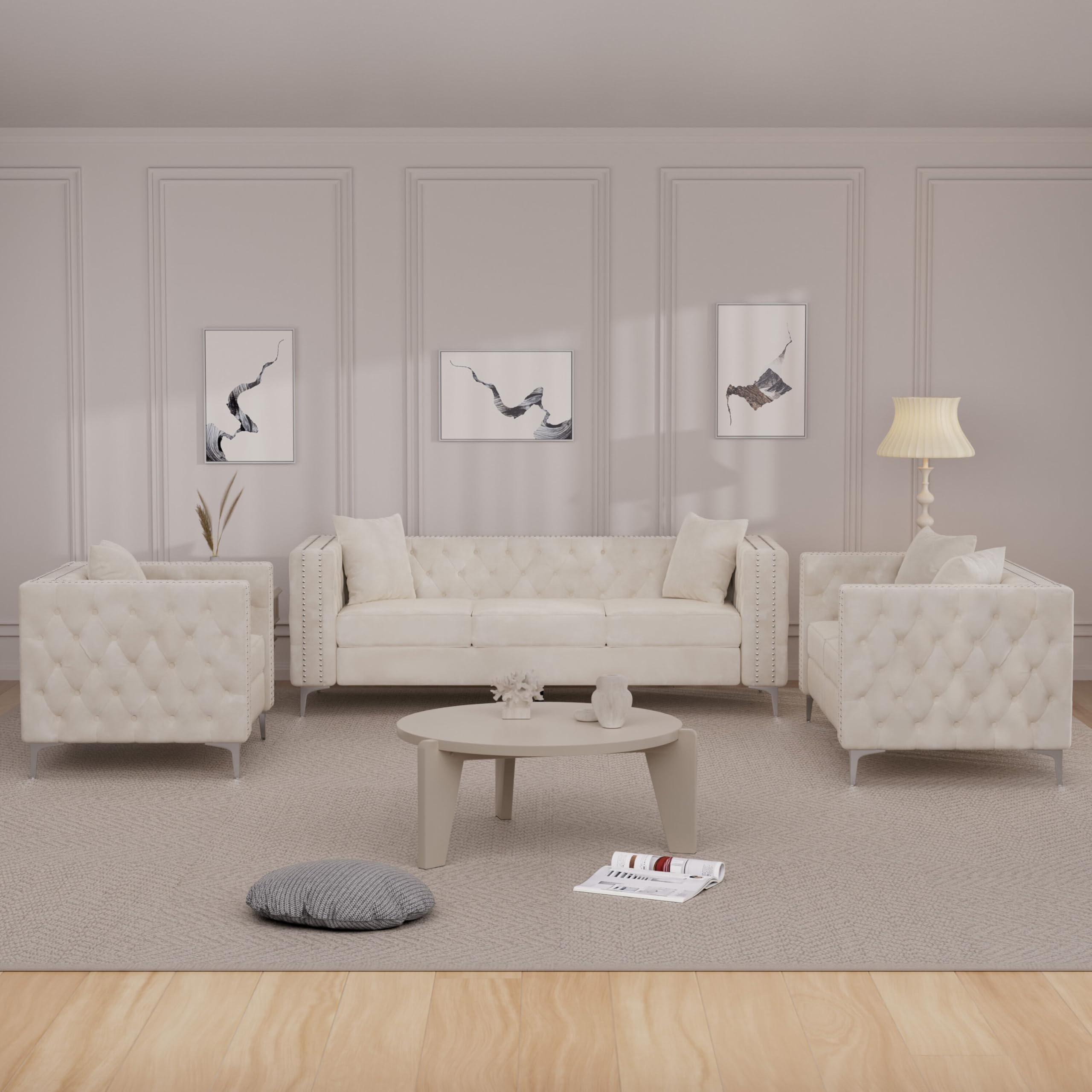 Morden Fort Couches for Living Room, 85“Beige Morden Sofa with Button Tufted, Nailhead Trim, 3-Seater Velvet Sofa for Apartroom, Bedroom, Office