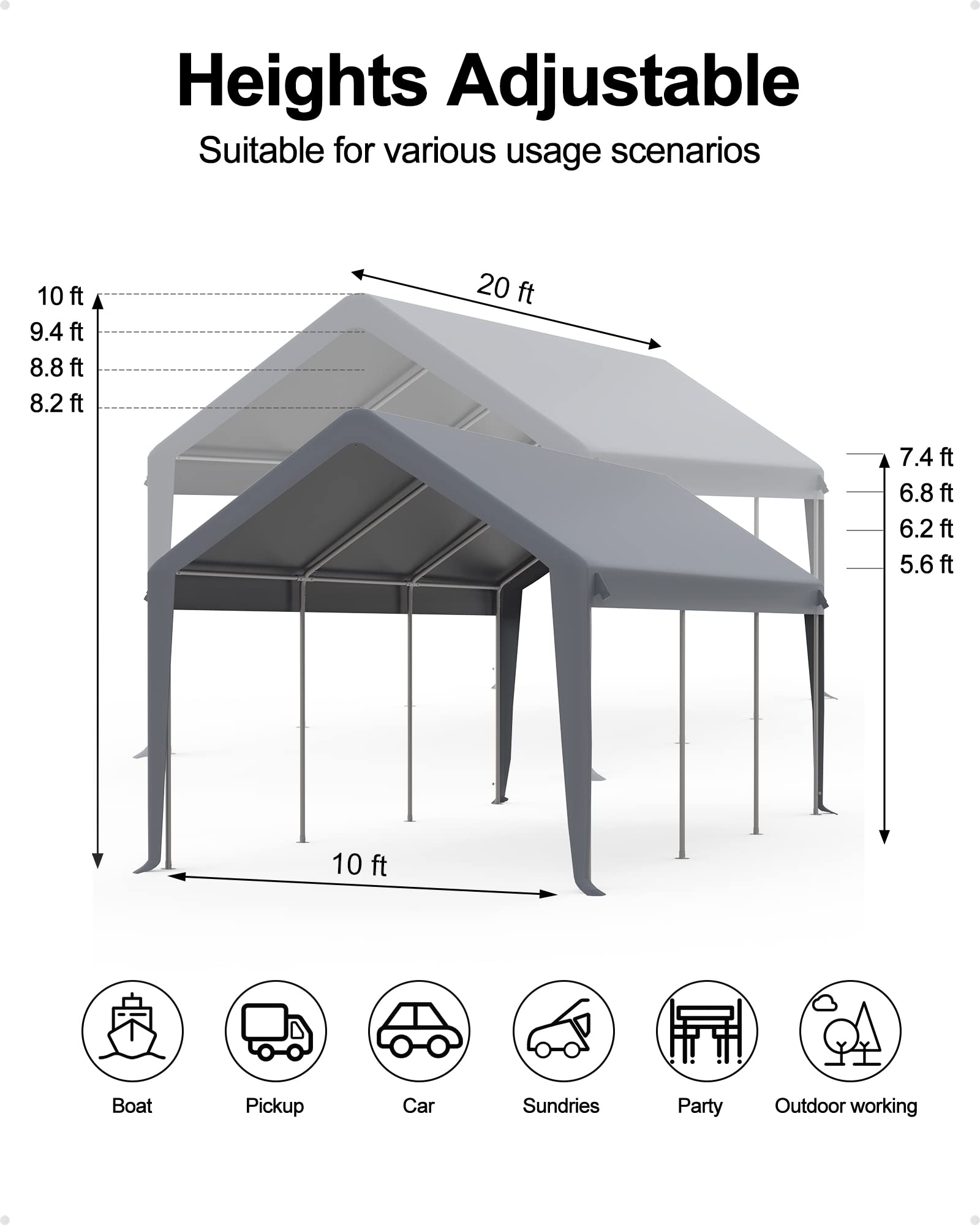 DEXSO Carport 10'x20' Heavy Duty Steel Canopy Height Adjustable & Portable Garage with Roll-up Ventilated Side Doors & Windows for Truck Boat Car Port, Party, Equipment Placement, Grey