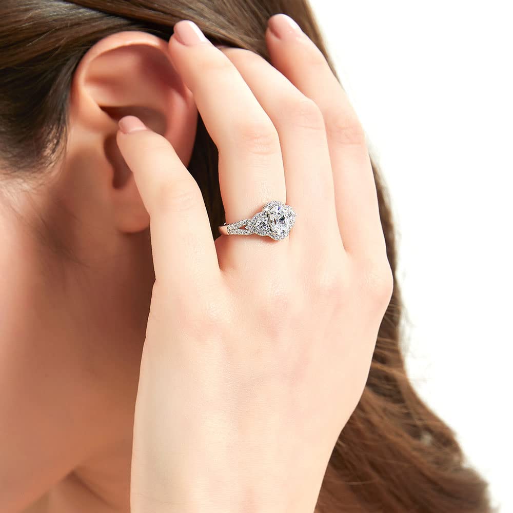 BERRICLE Sterling Silver 3-Stone Wedding Engagement Rings Oval Cut Cubic Zirconia CZ Halo Split Shank Ring for Women, Rhodium Plated Size 5