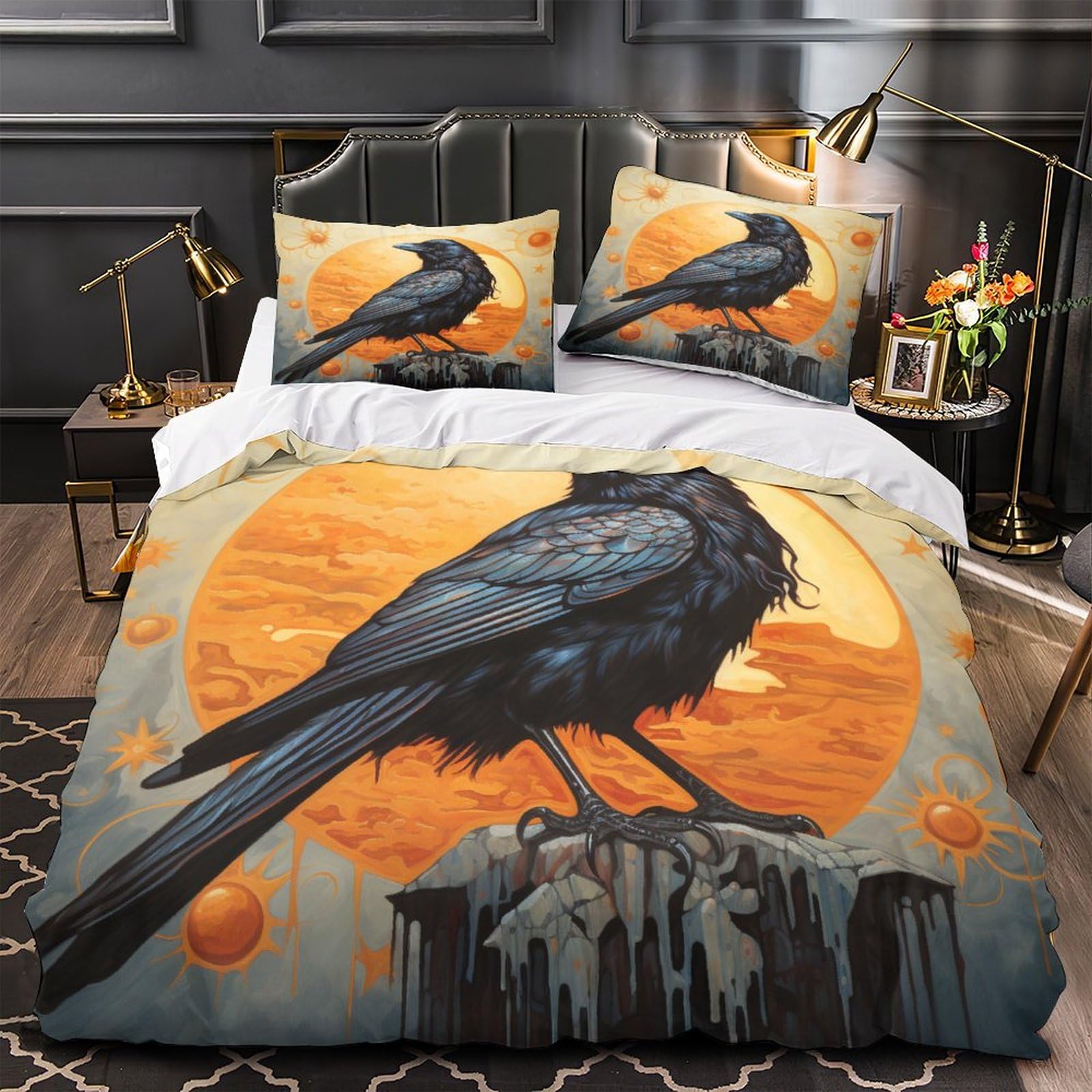 EVMILA Gothic Crow Duvet Cover Quilt Cover 3D Print Birds Comforter Covers for Boys Girls Bedding Set with Zipper Closure with Pillow Cases Soft Microfiber 3 Pieces Twin(173x218cm)