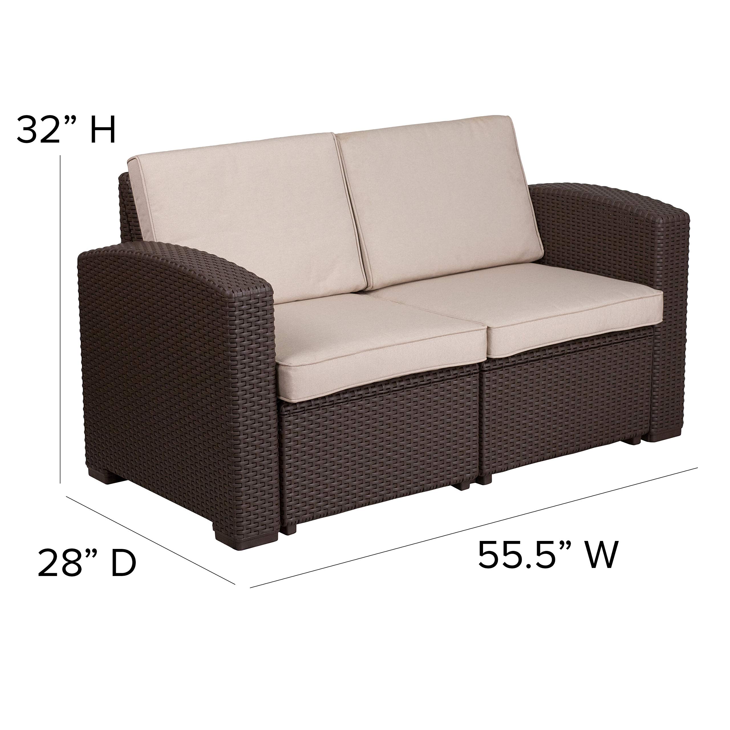 Flash Furniture Seneca Chocolate Brown Faux Rattan Loveseat with All-Weather Beige Cushions