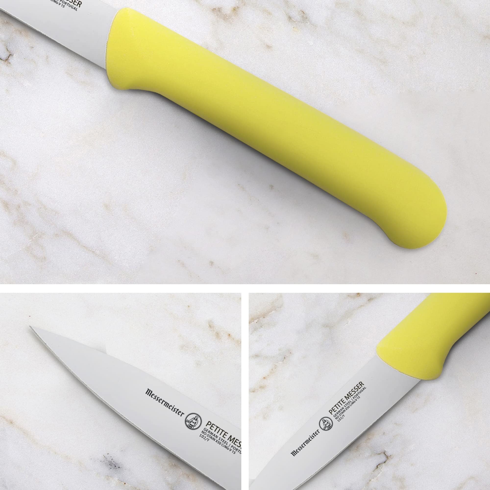 Messermeister Petite Messer 3” Spear Point Parer with Matching Sheath, Yellow - German 1.4116 Stainless Steel & Ergonomic Handle - Lightweight, Rust Resistant & Easy to Maintain