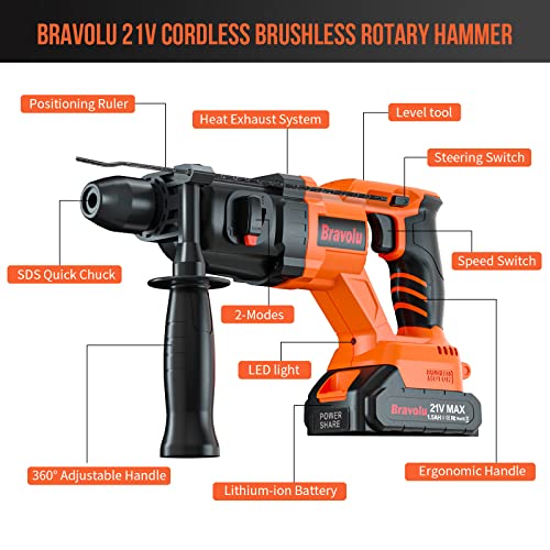 Cordless Rotary Hammer Drill, Bravolu Brushless 21V 1 Inch SDS Plus Hammer Drill with 2 x 1.5Ah Battery and 1/2" Drill Chuck, 2 Modes and Variable-Speed, 360° Adjustable Handle