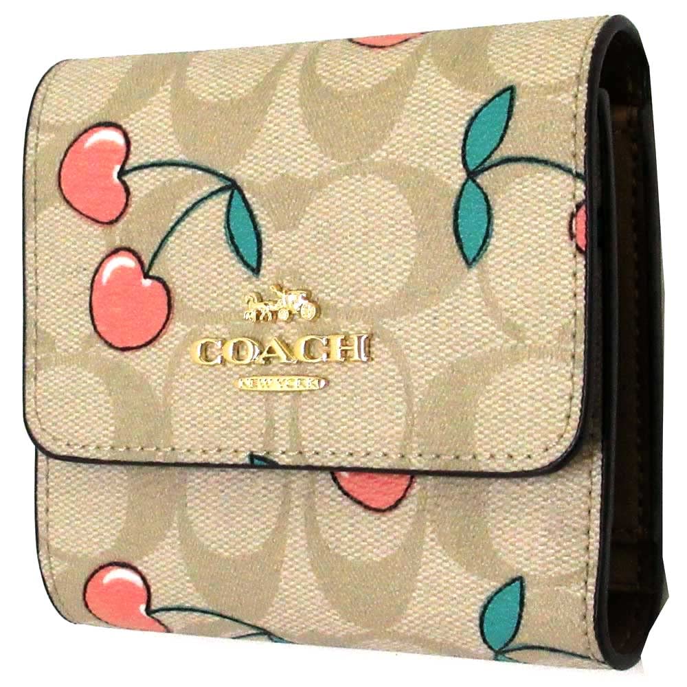 COACH Women's Small Trifold Wallet (Signature Coated Canvas, Heart Cherry Print - Light Khaki Multi)