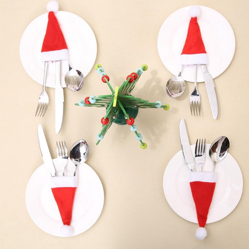 Christmas Santa Hats Silverware Holders,Xmas Party Dinner Table Dinnerware Decorations,Mini Santa Hats for Silverware Holders, Candy Covers, Wine Bottle Decor