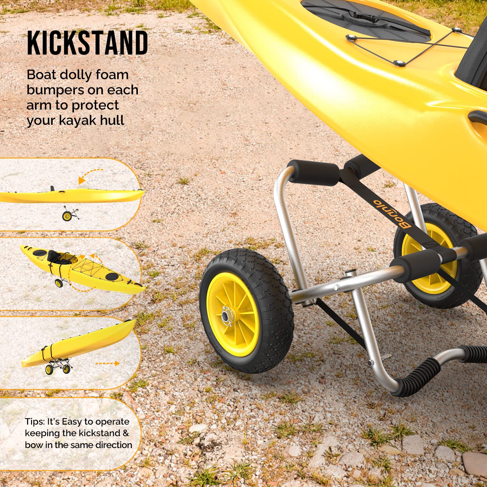 Bonnlo CART-CANOE Kayak Boat Carrier Tote Trolley Transport with 2 Ratchet Straps PU Solid Tires Wheel Yellow