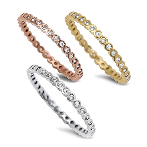Blue Apple Co. 2mm Full Eternity Stackable Wedding Band Round Simulated Cubic Zirconia Yellow Tone 925 Sterling Silver, Size - 7