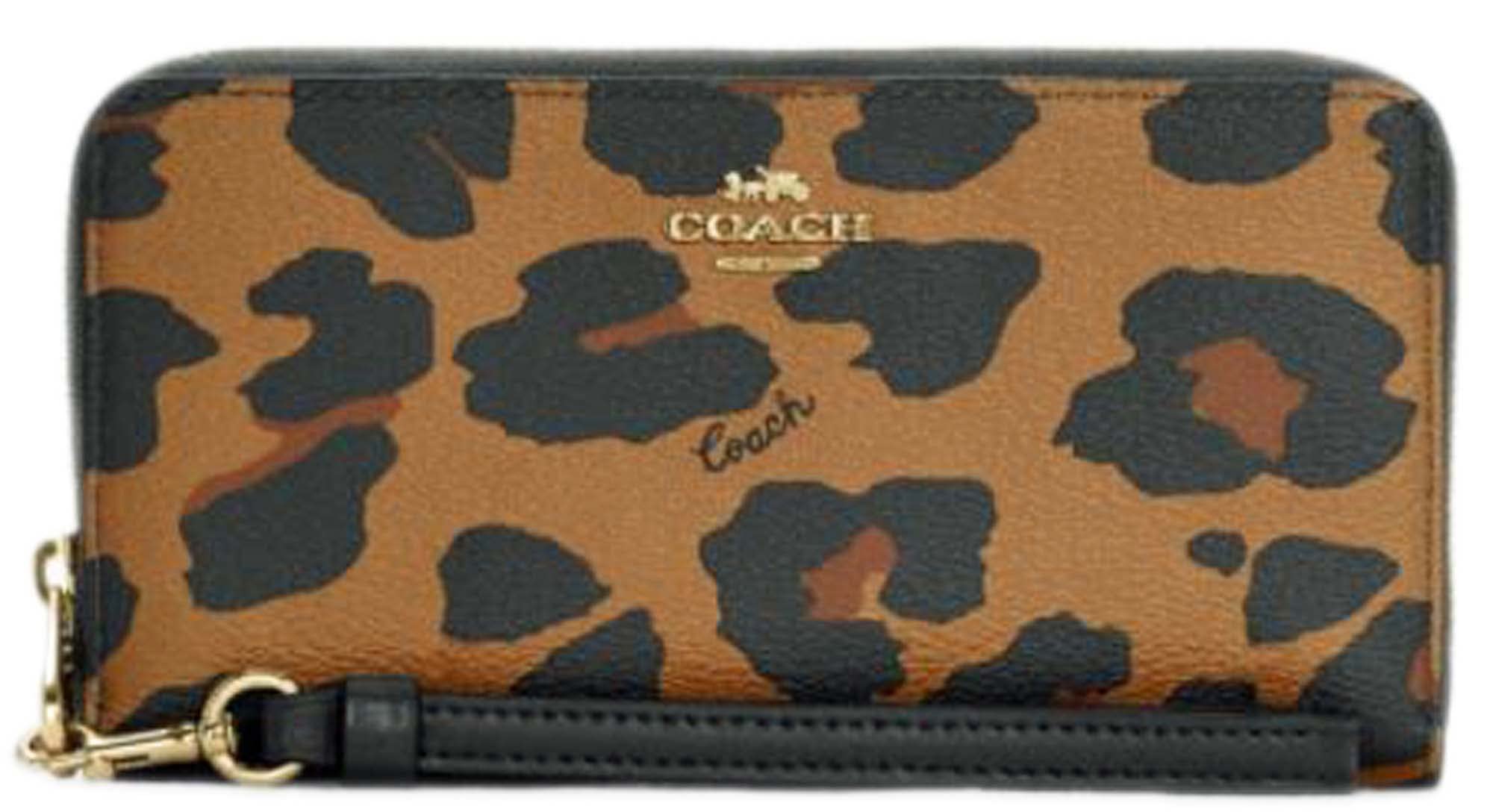 Coach Womens Long Zip Around Wallet In Signature Canvas With Strap (IM/Light Saddle With Leopard Print)