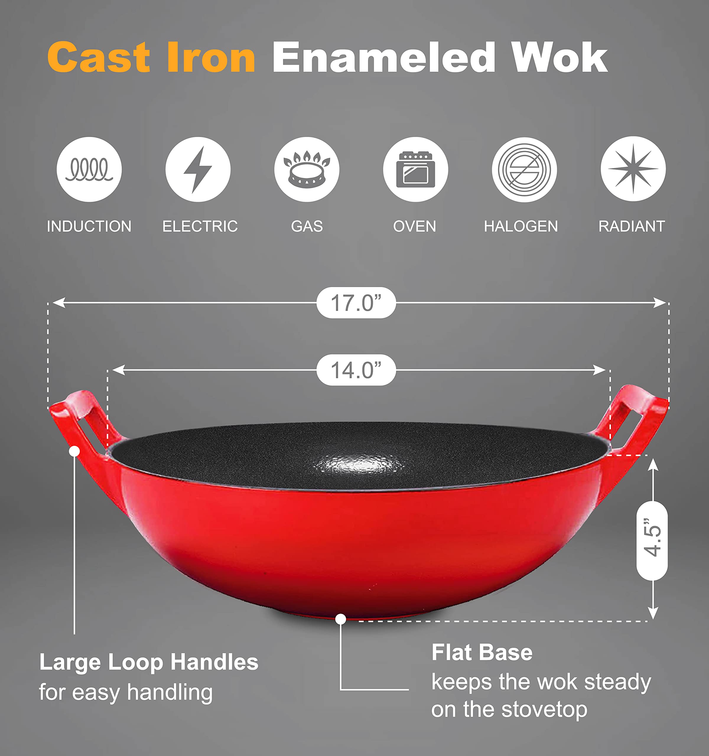Bruntmor 14 Inch Enameled Cast Iron Wok/Pot. 14" Nonstick Enamel Skillet Pan With Large Loop Handles & Flat Base. Cookingware For Kitchen/Indoor/Outdoor Camping. (Red)