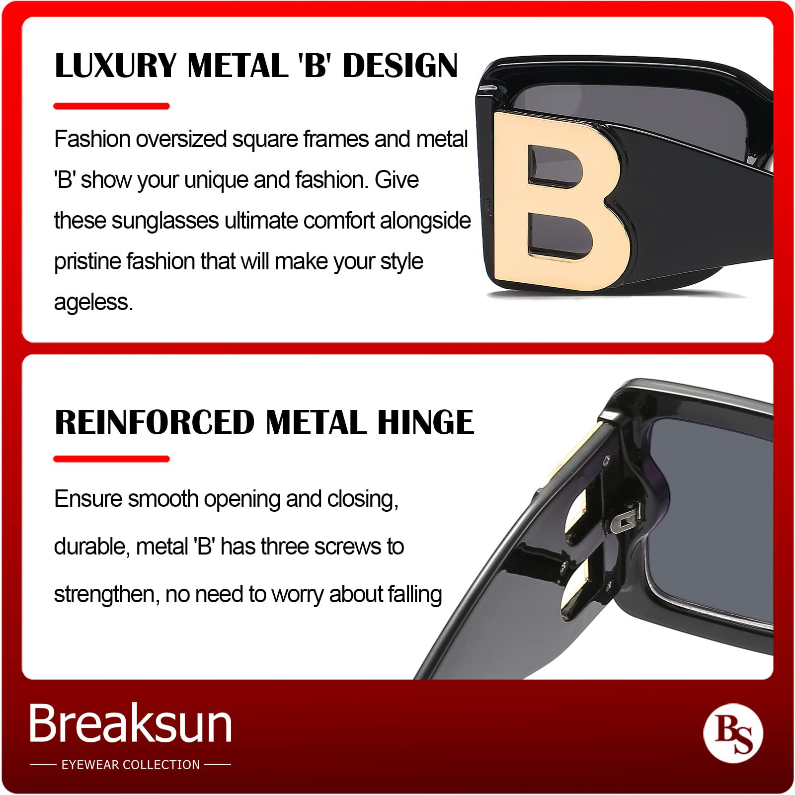 Breaksun Fashion Big Square Sunglasses for Women Men Classic Black Luxury Designer Sun Glasses Thick Frame Gradient Tint (Black/Grey/Gold Character)