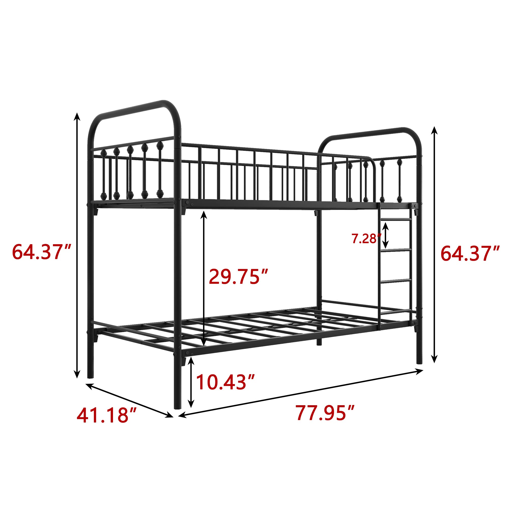 BOFENG Twin Over Twin Metal Bunk Beds with Side Ladders, Heavy Duty Bed Frame with Guardrail for Dormitory Bedroom Boys Girls Adults,No Box Spring Needed,Black