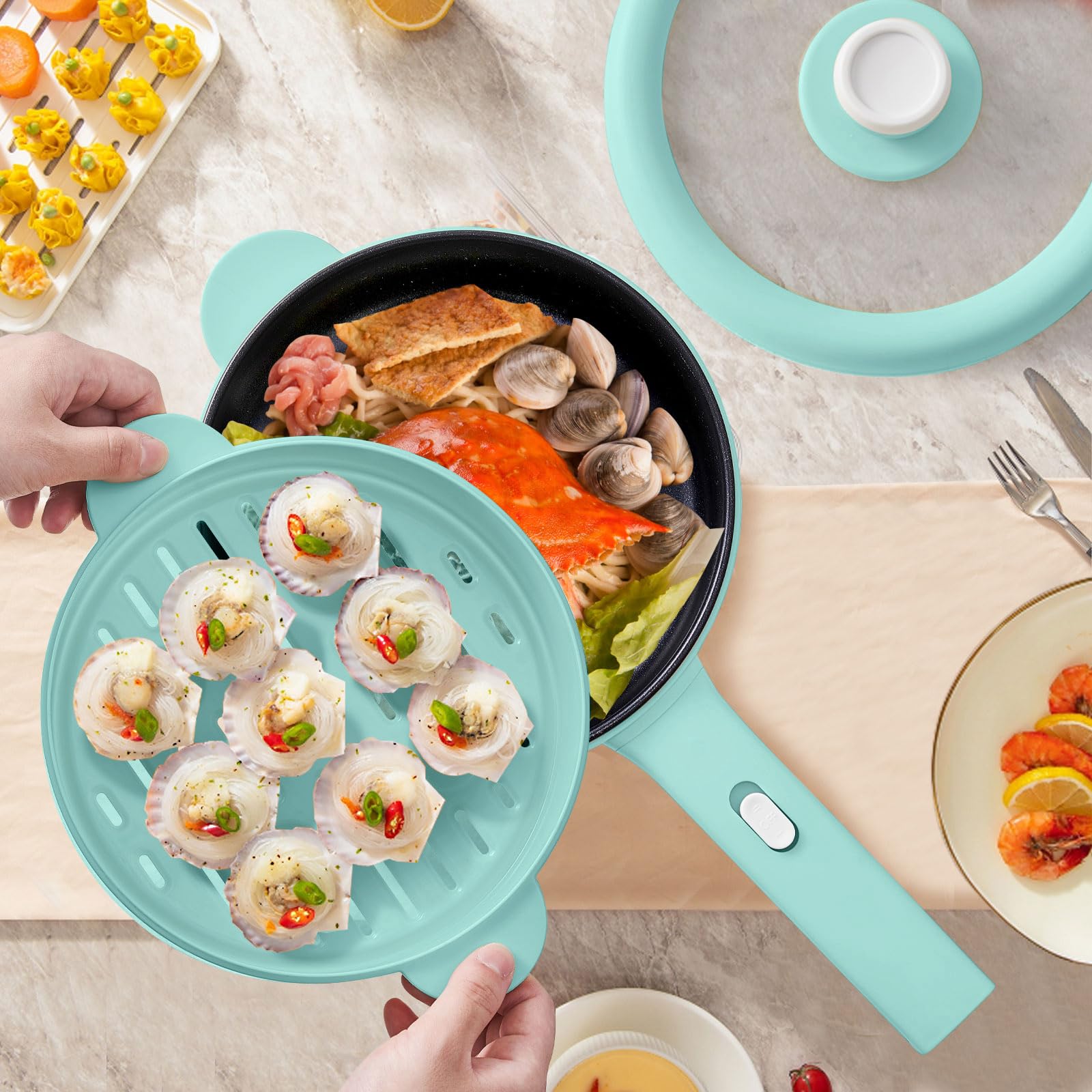 Dezin Hot Pot Electric with Steamer Upgraded, Non-Stick Sauté Pan, Rapid Noodles Electric Pot, 2L Mini Portable Hot Pot for Steak, Egg, Ramen, Oatmeal, Soup with Power Adjustment (Egg Rack Included)