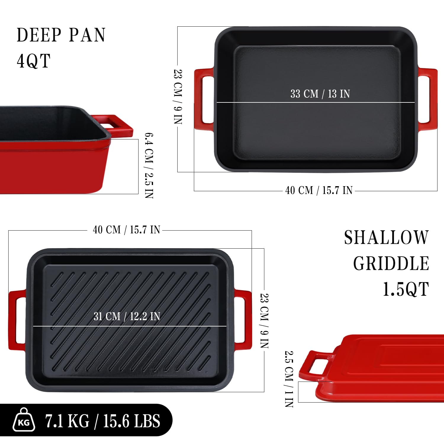 Flavehc Cast Iron Casserole Dish with Skillet Lid 9"x13" Rectangle Casserole Dishes for Oven Cast Iron Baking Dish Cast Iron Lasagna Pan Lasagna Baking Dish Red