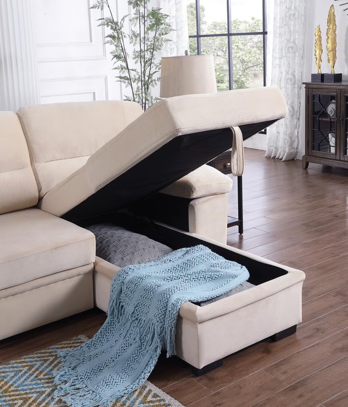 Favfurish 96" Microfiber Reversible Sleeper Sectional Sofa with Chaise and Storage, L-Shaped Couch with Pull-Out Bed and Nailhead Trim for Living Room, Apartment, Office,Saddle, Brown-1