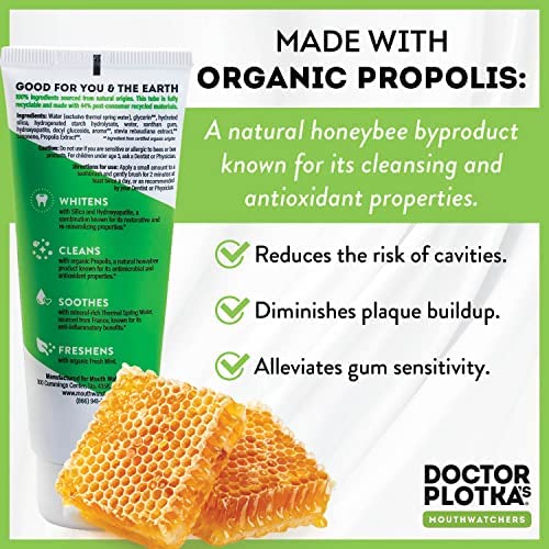 Dr Plotkas Natural Fluoride Free Whitening Toothpaste by Mouthwatchers | Organic Propolis and Fresh Organic Mint | Sensitive Teeth and Gums | 3 Oz. Tube