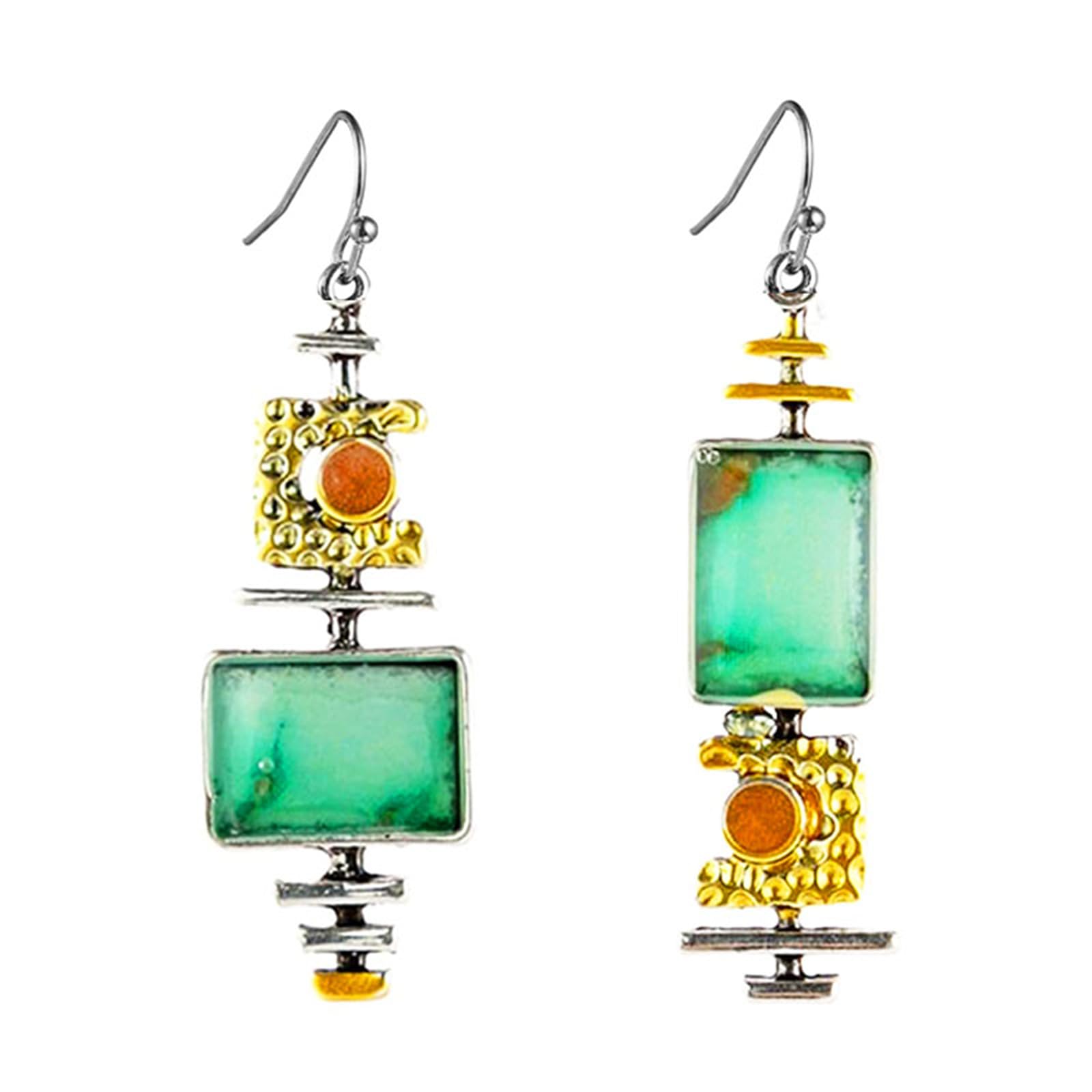 coadipress Long Turquoise Stone Earrings for Women Handmade Vintage Unique Chic Boho Geometric Statement Creative Ethnic Natural Gemstone Hoop Dangle Earrings Jewelry (Asymmetry Green Turquoise)
