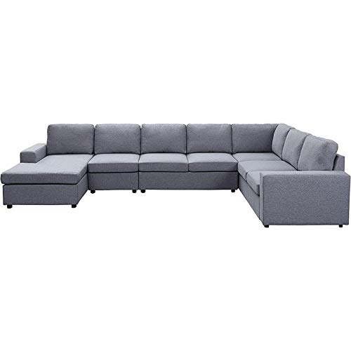 BOWERY HILL Contemporary Fabric 7 Seat Reversible Sectional Sofa Chaise in Gray