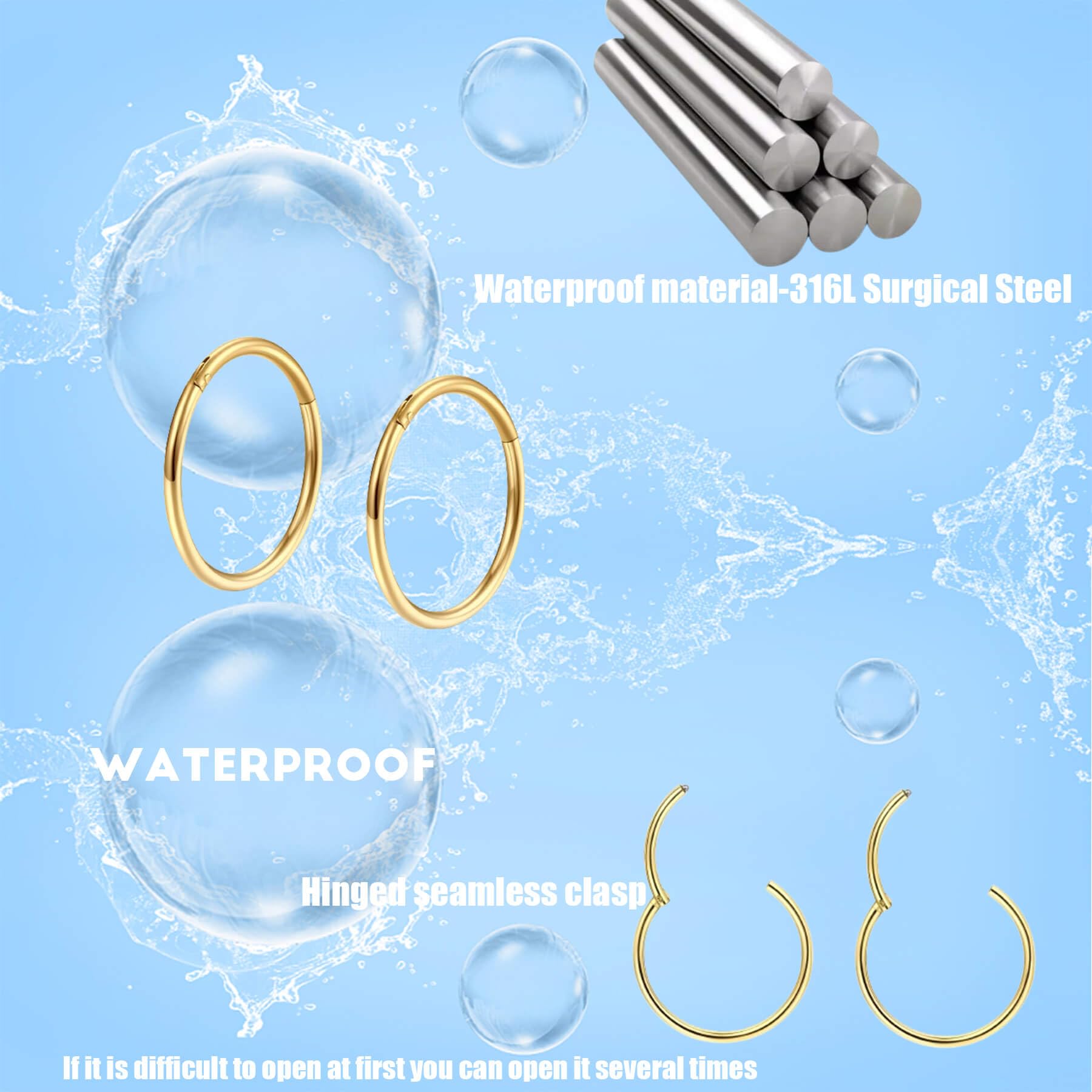 Lantine Gold Hinged 20g Cartilage Earring Hoop Nose Rings 6mm 8mm 10mm Set Clicker Triple Double Forward Helix Hoops Earrings(3Pcs a Set)