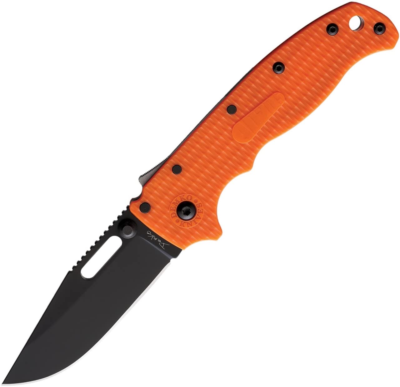 Demko Knives AD 20.5 Shark Lock AUS10A AD20.5 Grivory Handle (Orange Scale/Black DLC/Clip Point)