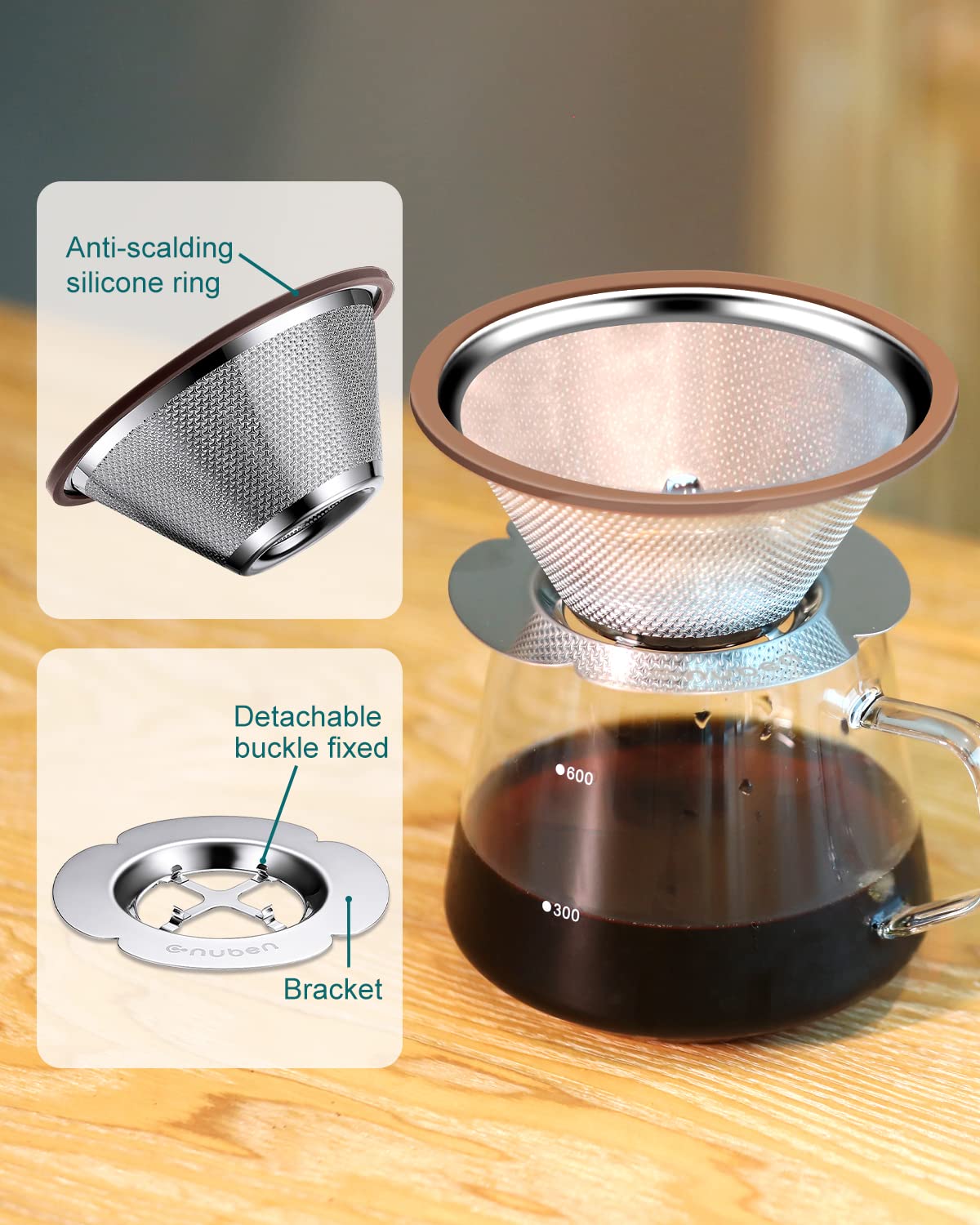 Cnuben Coffee Dripper Cone,Without Filter Stainless Steel Reusable Pour Over Coffee Filter 1-3 Cup Paperless Metal Cone , Cnuben W60