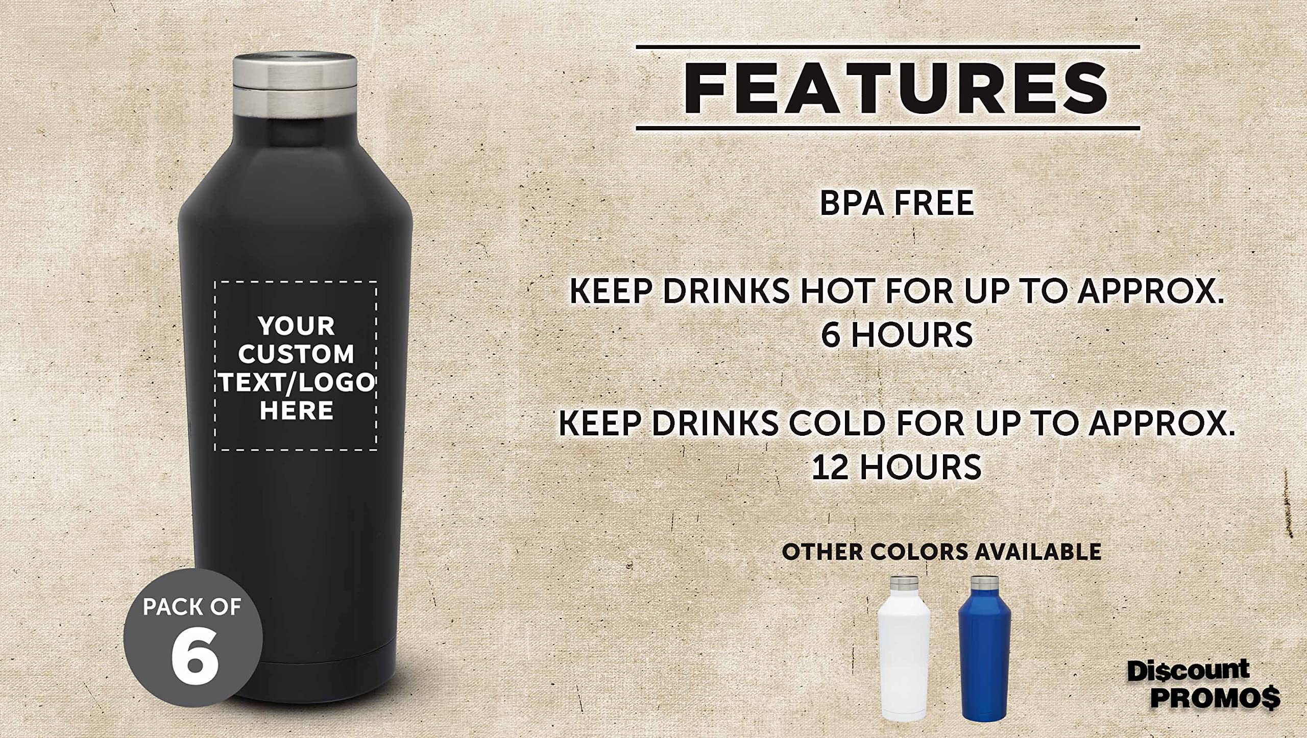 DISCOUNT PROMOS Custom Stainless Steel Water Bottles 17 oz. Set of 6, Personalized Bulk Pack - Double Wall, Perfect for Coffee, Soda, Other Hot & Cold Beverages - Black
