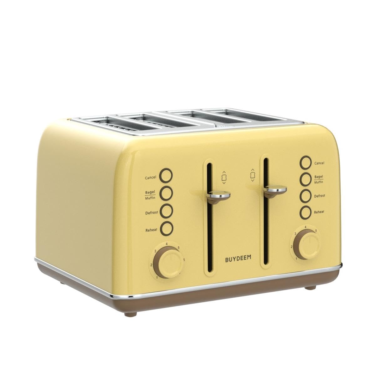 BUYDEEM DT640 4-Slice Toaster, Extra Wide Slots, Retro Stainless Steel with High Lift Lever, Bagel and Muffin Function, Removal Crumb Tray, 7-Shade Settings,Mellow Yellow