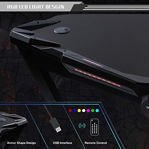 Bowthy Gaming Desk with Led Lights 47inch Carbon Fiber Gamer Desk for PC 17β Z-Shaped Gaming Table for Home Office Game Desk with Free Mouse, Pad Holder for Controller, Headphone&Drink Black