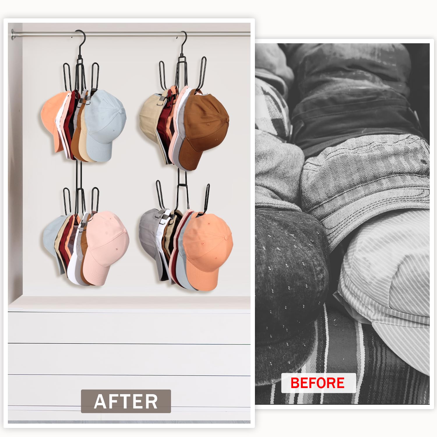 ERCVZAVZ Hat Hangers for Closet, 2 Pack Stainless Steel Hat Organizer for Baseball Caps, 360°Rotating Hat Racks for Baseball Caps, Stable Baseball Cap Organizer for Closet