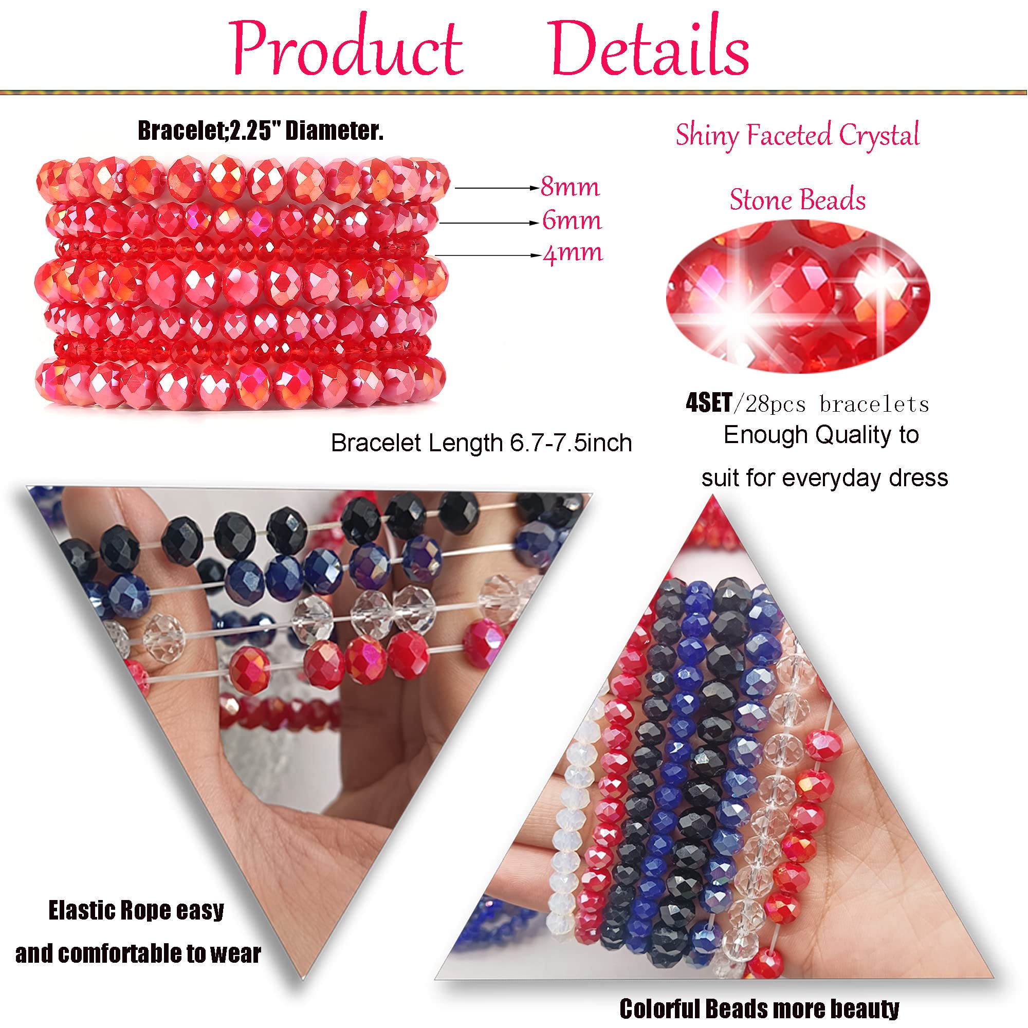 CASDAN 28 Pcs Crystal Beaded Bracelets for Women Bohemian Stackable Stretch Bracelets Crystal Beads Bracelets Jewelry Set 4-8 MM