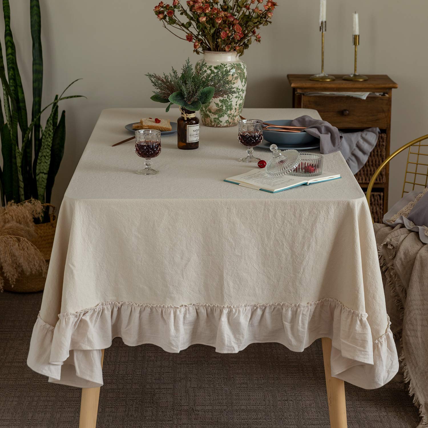 Glory Season Retro Farmhouse Ruffle Tablecloth Cotton Flounces Trim Washable Table Cover Tablecloths for Rectangle Table Baby Shower Kitchen Party Wedding Decor Off-White, 60''x120''