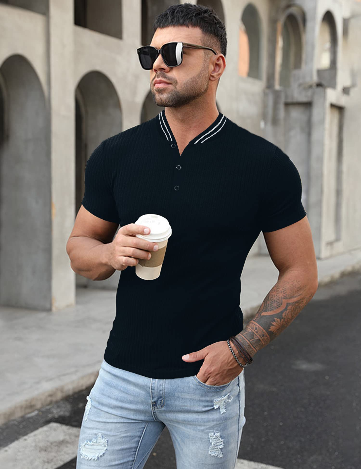 CHOMOLEZA Men's Muscle Polo Shirts Short Sleeve Knit T-Shirts Slim Fit Stretch Golf Shirt Casual Basic Tee Navy Blue S
