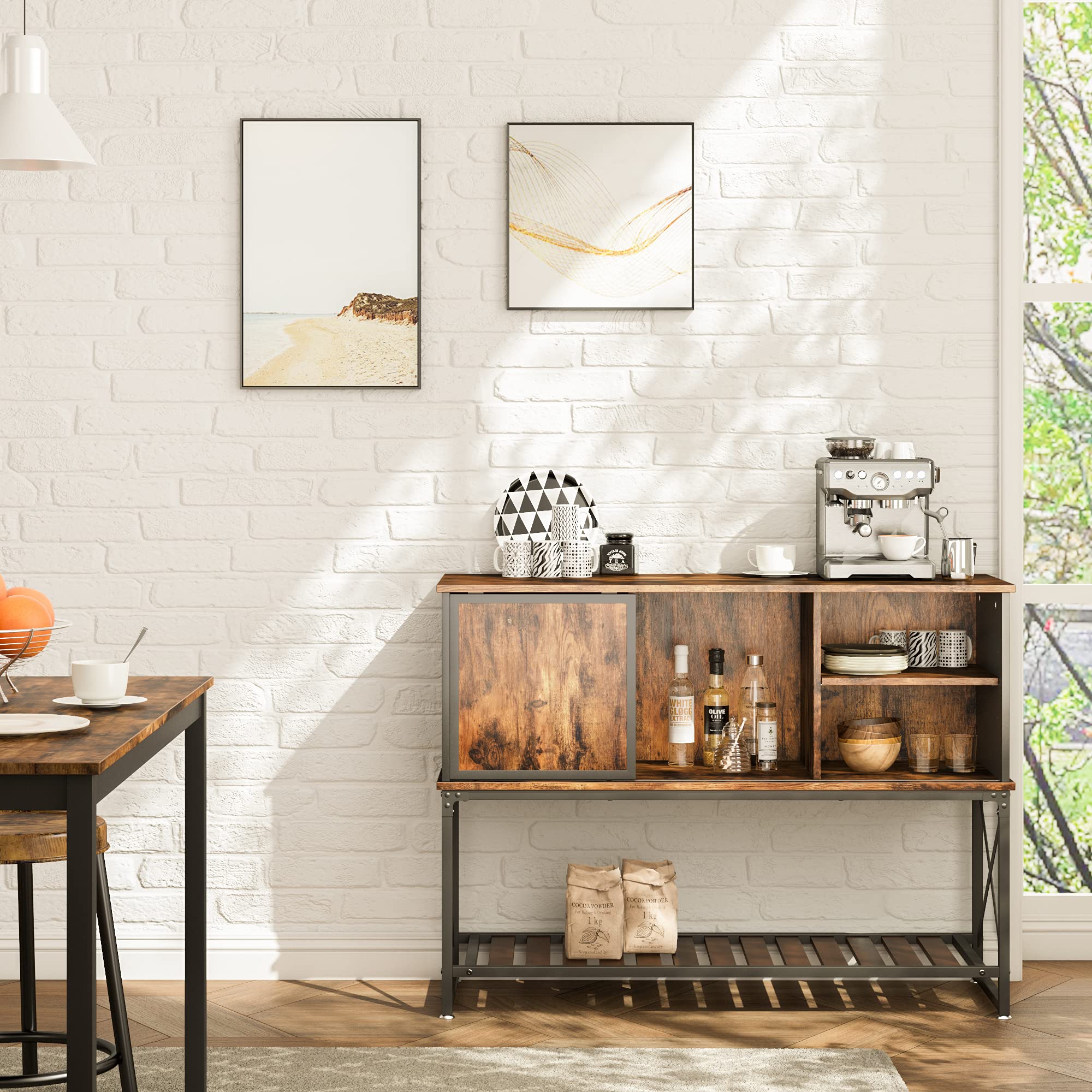 Bestier Industrial Bar Cabinet Coffee Bar Buffet Cabinet with Storage Wood Coffee Bar Cabinet with Adjustable Shelf Inside Buffet Sideboard Kitchen Storage Cabinet with Sliding Metal Door