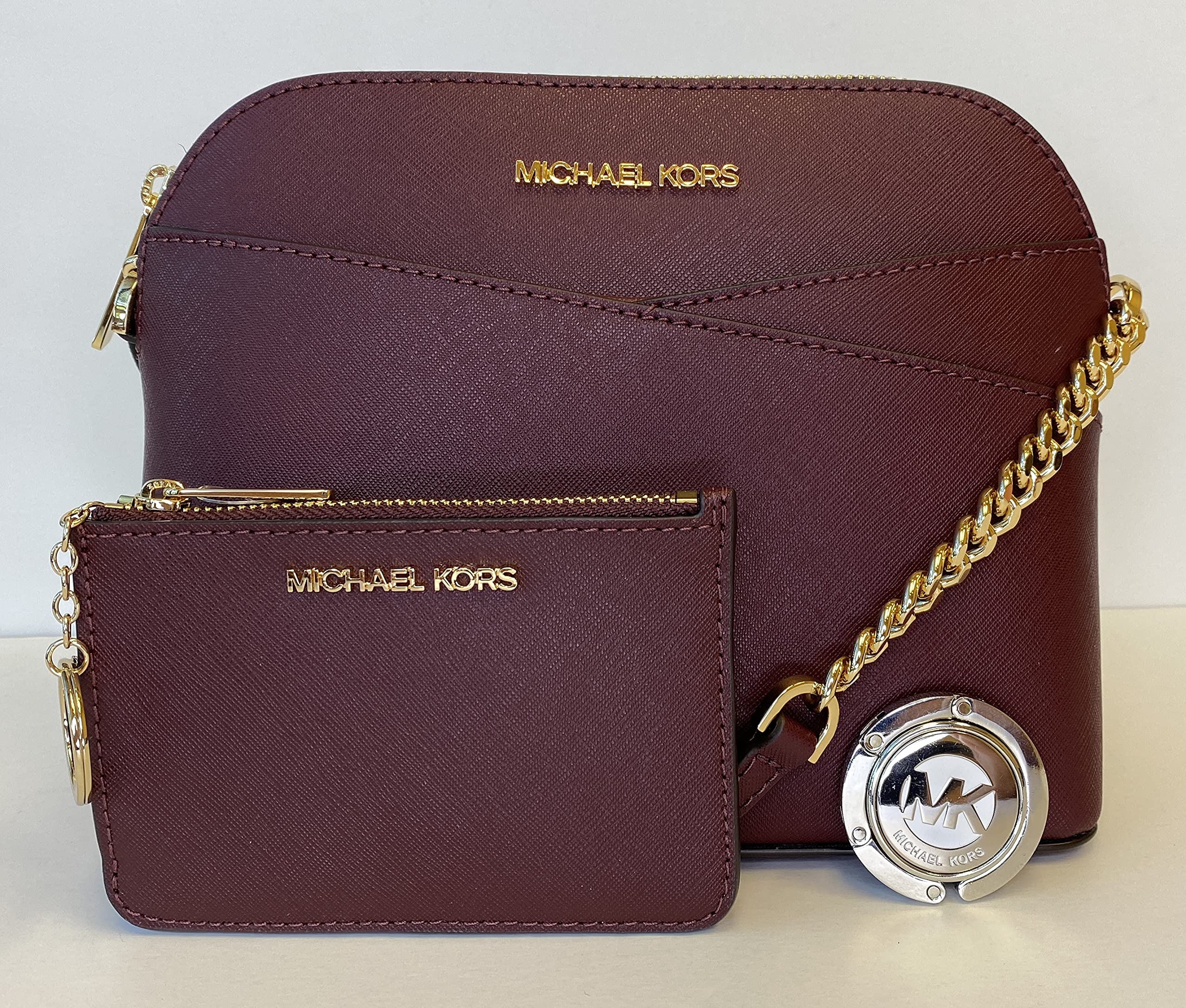 Michael Kors MICHAEL Michael Kors Jet Set Travel MD Dome XCross Crossbody bundled with SM TZ Coinpouch Purse Hook (Merlot)