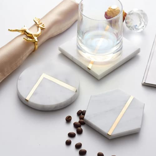 Hand Carved Natural White Marble Coasters - Set of 4 Half Mango Wood or Half Brass - Round Marble Coasters Set for Drinks. Brass/Wood & Marble Home Decor - Marble Coaster Set (Marble & Brass)
