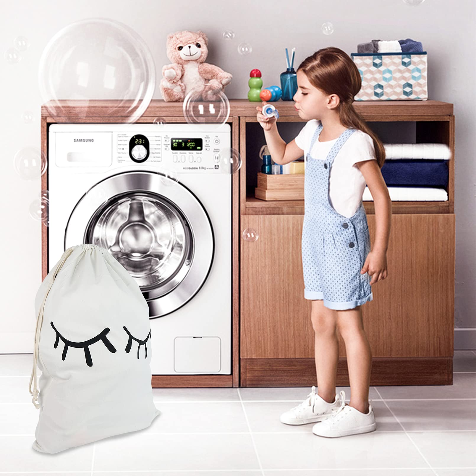 Lujuny 26" x 18" Large Laundry Bag, Cute Canvas Toy Storage Bag with Drawstring, Dust-proof Cotton Reusable Heavy Duty Gift Wrap Holder for Basket Travel (Smile Dog)