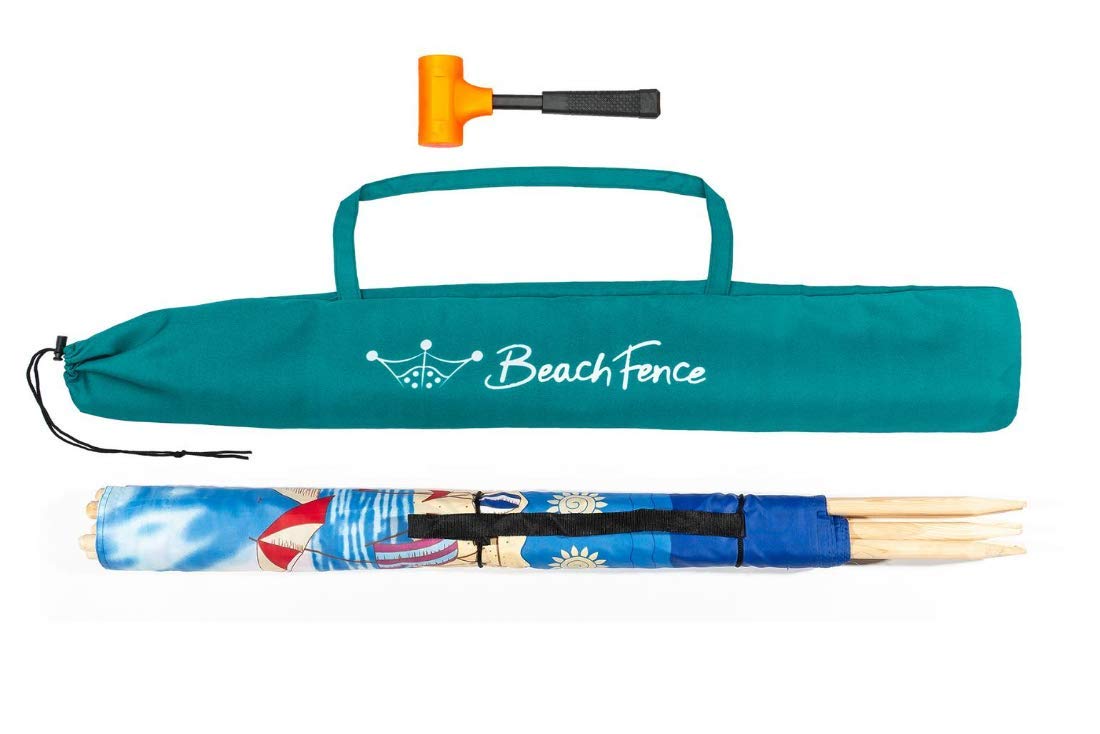 BEACH FENCE 20 ft Beach Windscreen, Privacy Screen, Wind Blocker - Beach Scene, with Mallet and Bag